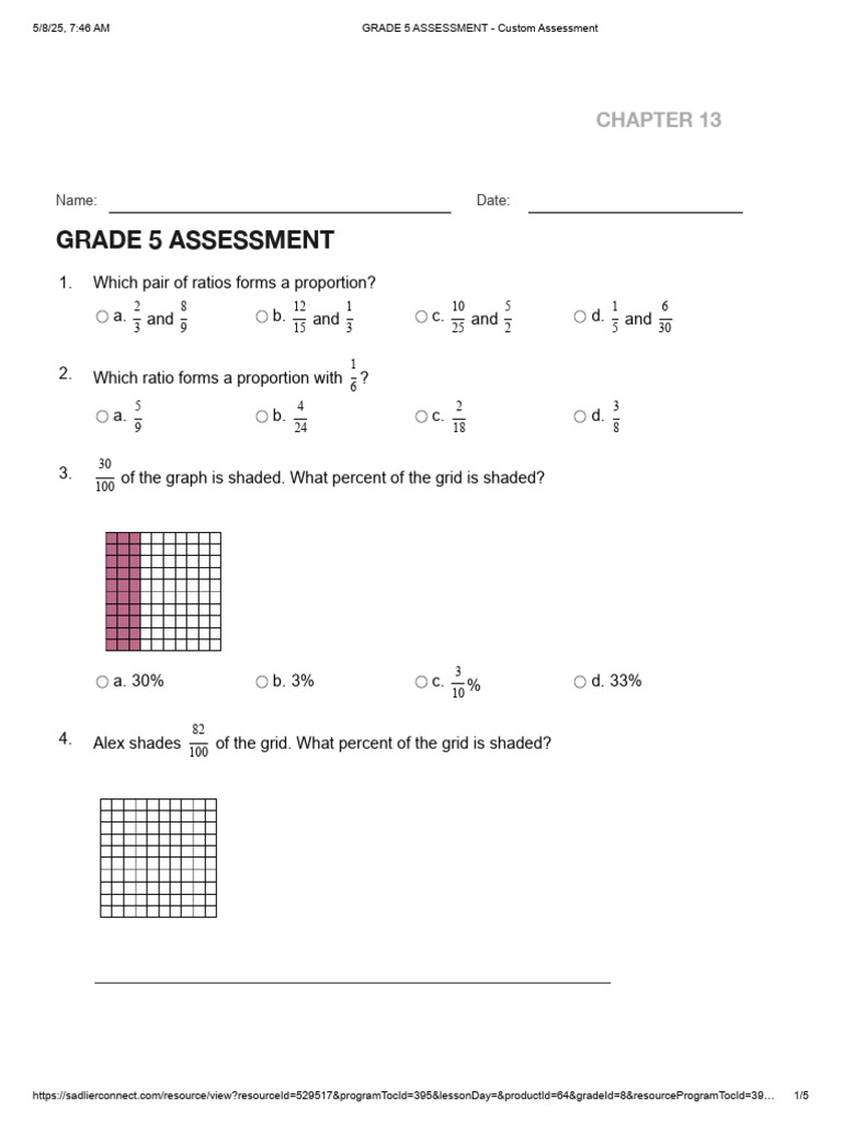 Sadlier Connect™ - GRADE 5 ASSESSMENT UNIT 13 | PDF | Ratio | Arithmetic