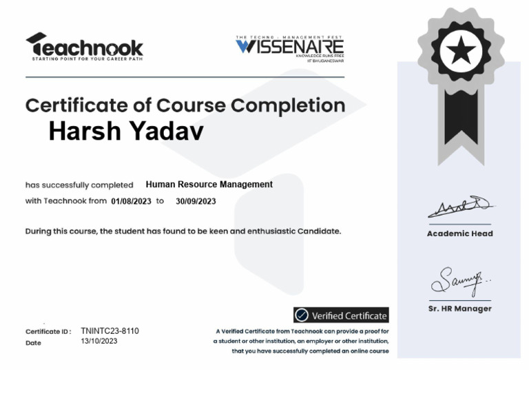 Teachnook COURSE Completion Certificate - Harsh Yadav | PDF