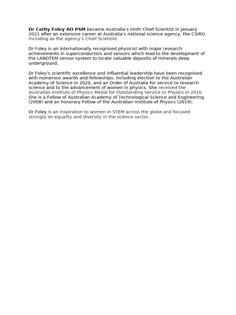 DR Cathy Foley Short Biography | PDF