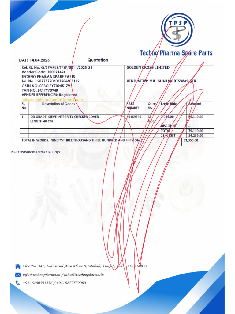 Quotation for Tech Pharma Spare Parts | PDF