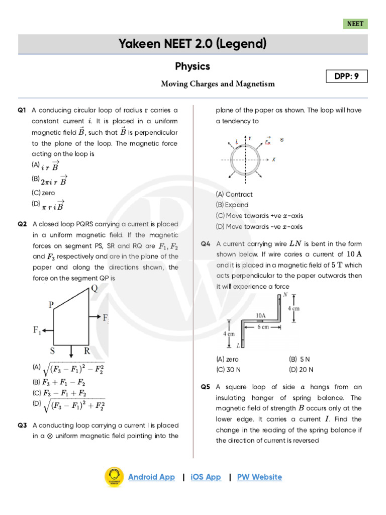 Moving Charges and Magnetism - DPP 09 (Extra) - Yakeen 2.0 2024 (Legend) | PDF | Physical ...