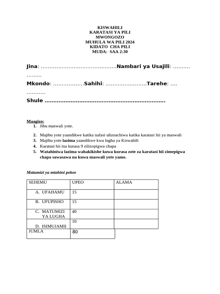 Kiswahili Paper 2 Marking Scheme | PDF