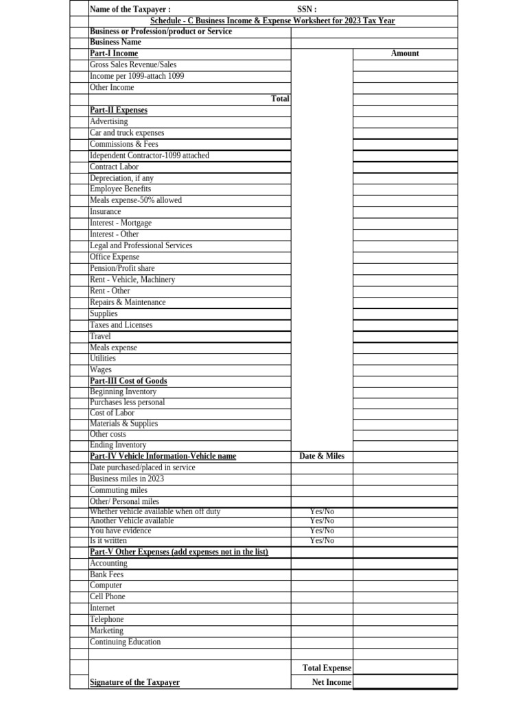 2023 Schedule C Income and Expense Sheet | PDF