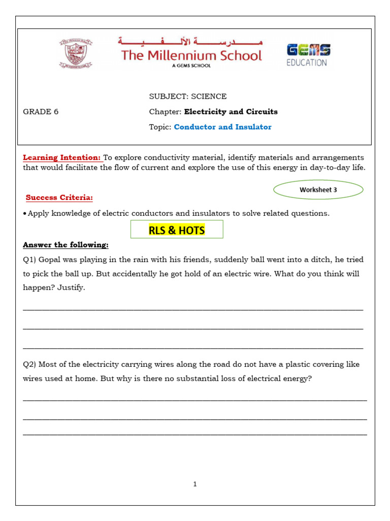 Worksheet 3 - Conductor-Insulator | PDF | Insulator (Electricity ...