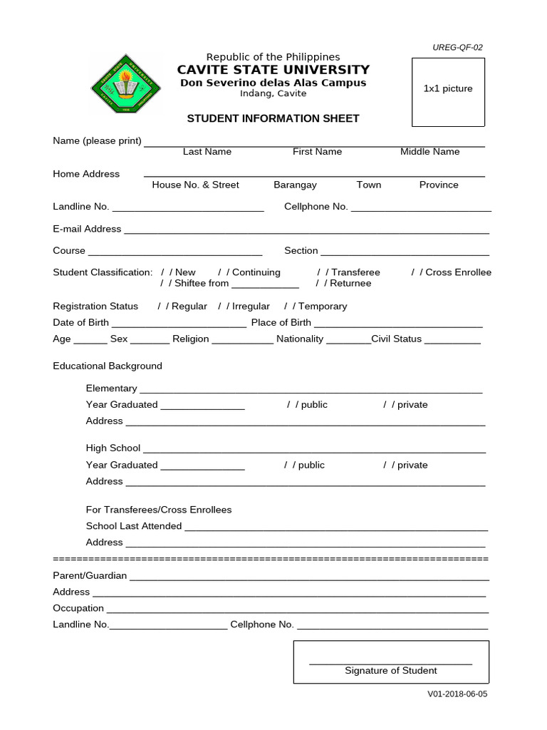 Student Information Sheet - UREG-QF-02 | PDF