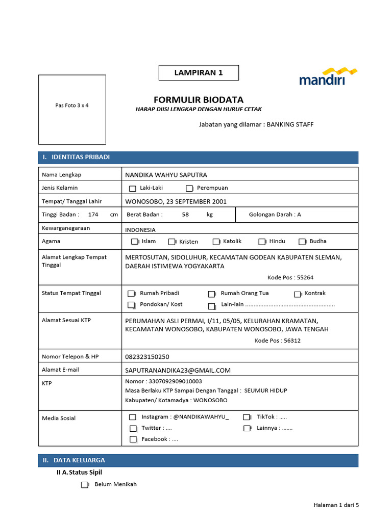 Form Biodata Bank Mandiri | PDF