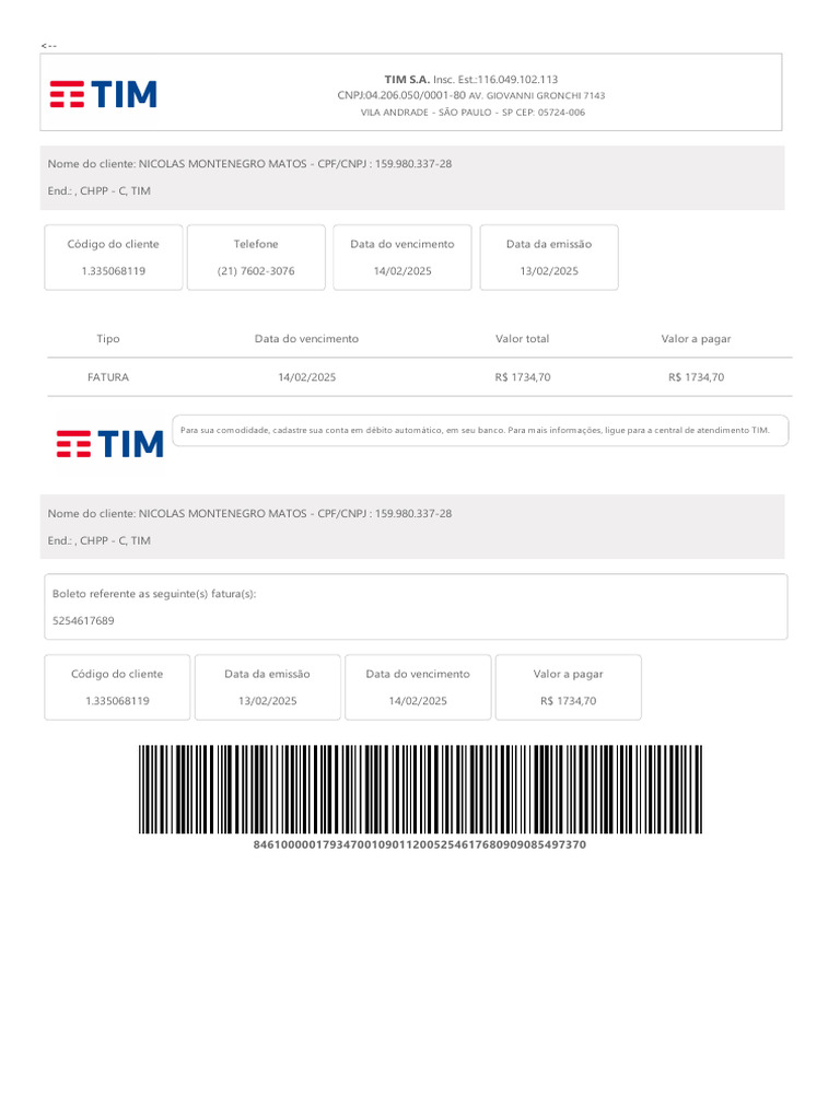 Fatura TIM - Nicolas Montenegro Matos | PDF