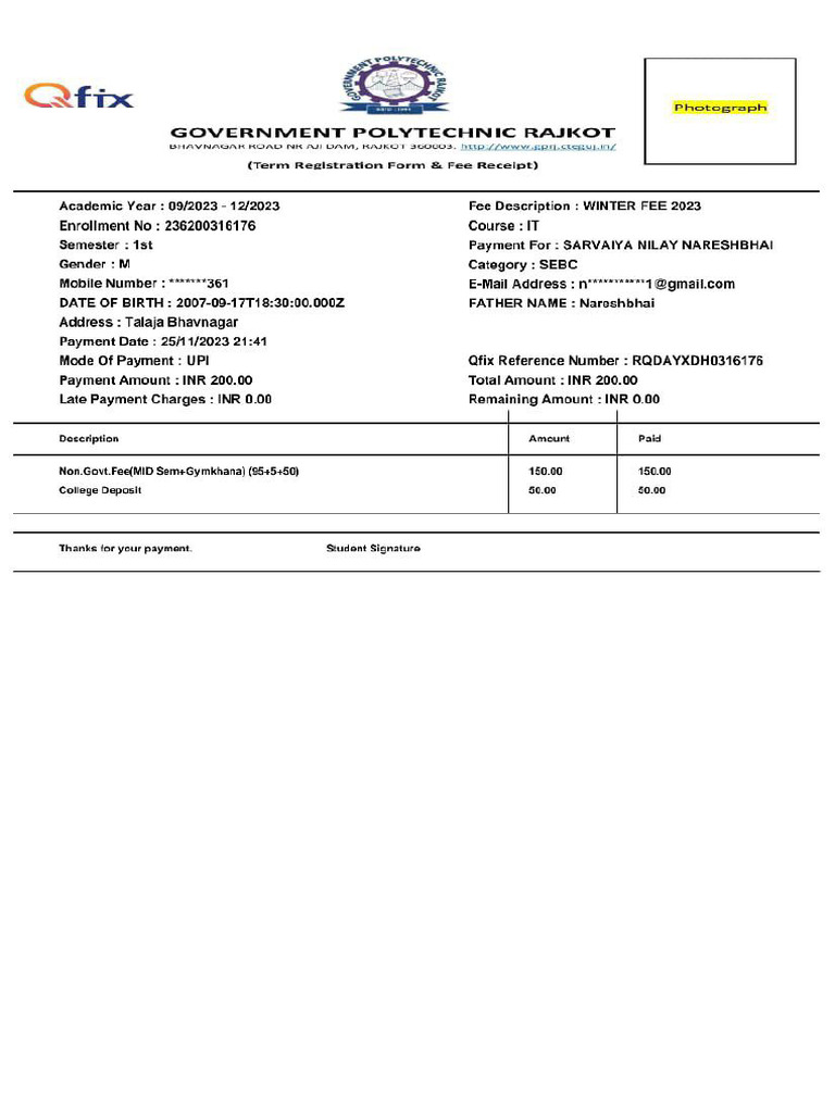 Qfix-Payment-Receipt-Winter Fee 2023 | PDF
