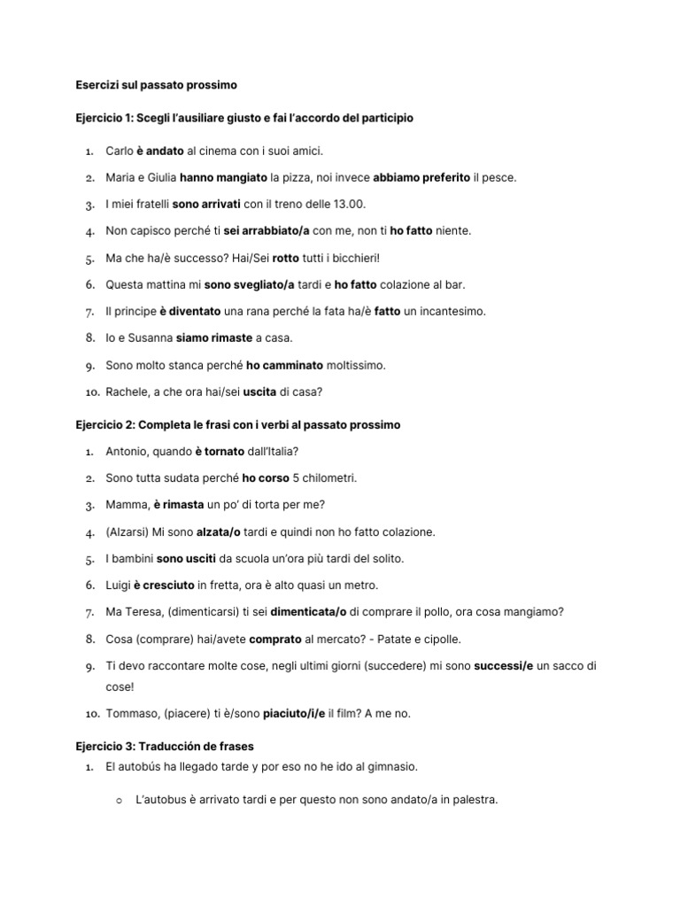 Esercizi Sul Passato Prossimo - Resuelve Estos Ejerc | PDF