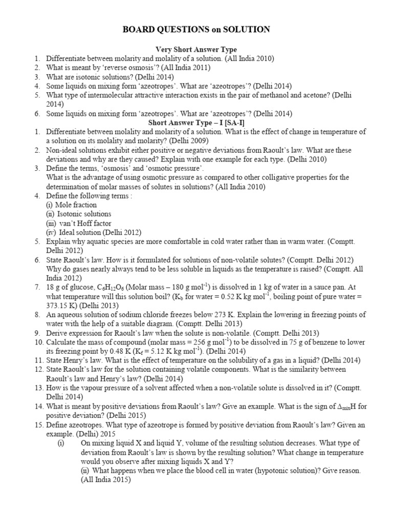 Solution Chemistry Board Questions | PDF | Water | Mole (Unit)