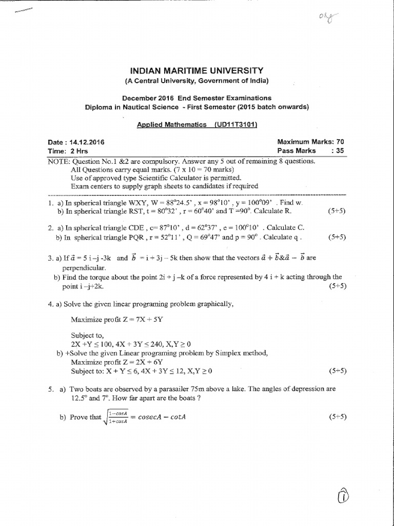 IMU DNS Applied Mathematics Dec 2016 | PDF