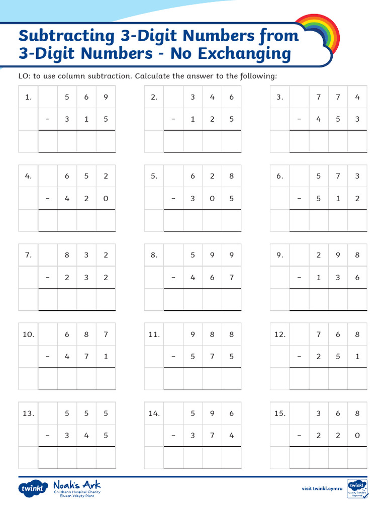 3-Digit Subtraction: No Exchanging | PDF | Subtraction | Numbers
