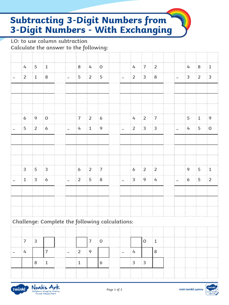 3 Digit Column Subtraction - Year 3 Worksheet | PDF
