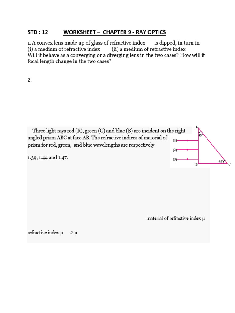 Class 12 Ray Optics Worksheet | PDF | Refractive Index | Refraction