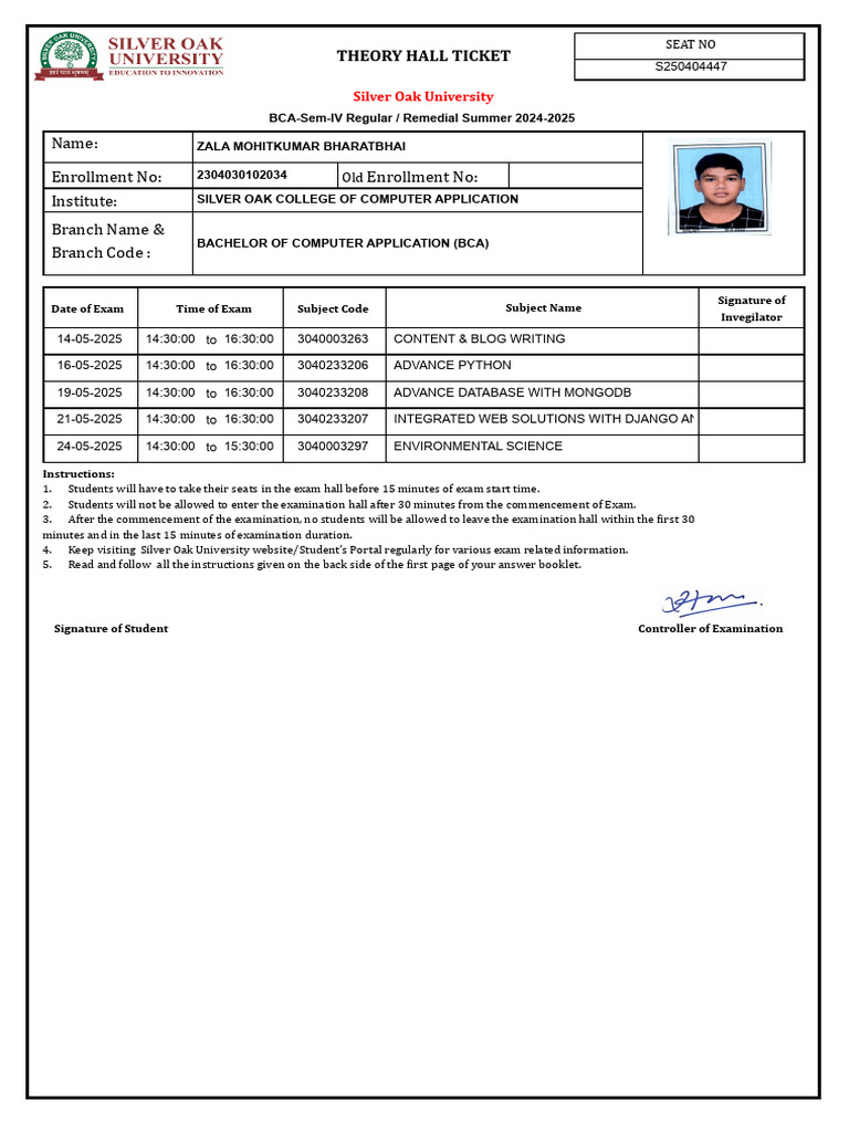 BCA Hall Ticket for Summer Exams 2025 | PDF