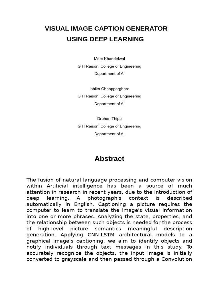 VISUAL IMAGE CAPTION GENERATOR | PDF | Computer Vision | Deep Learning