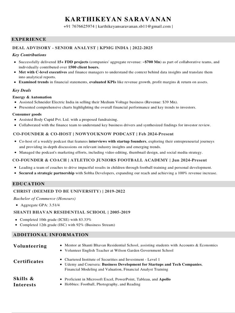 Karthikeyan Saravanan - Resume | PDF | Financial Analyst | Startup Company
