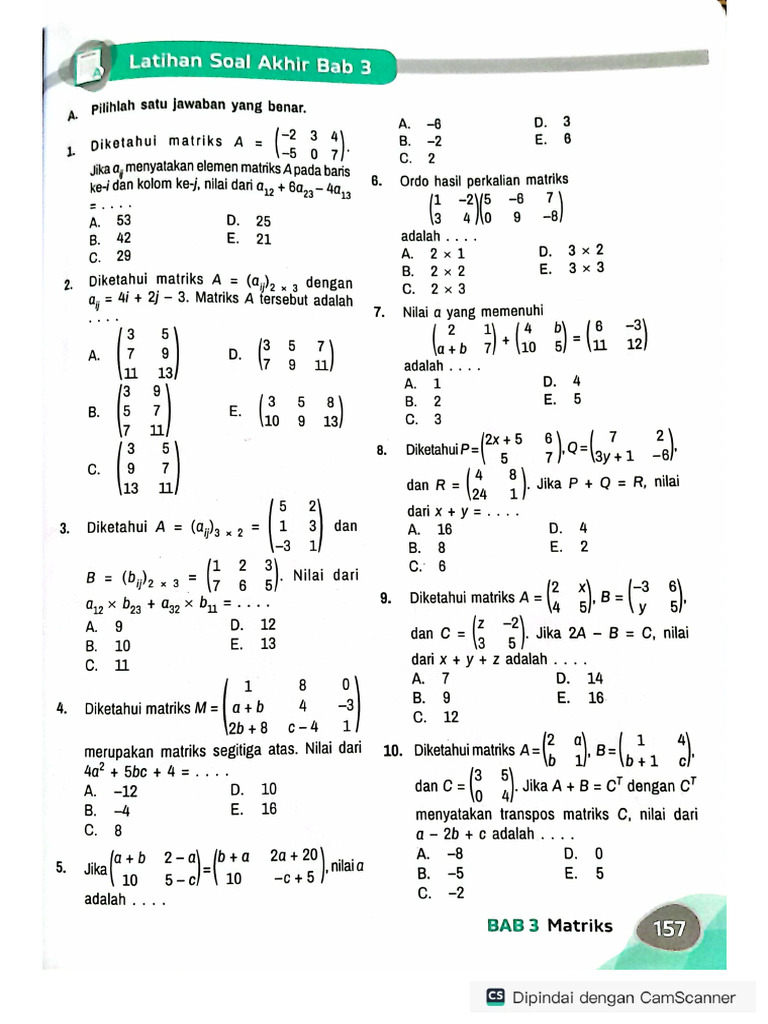 Latihan Soal Matriks Matematika Untuk Kelas 11 SMA | PDF