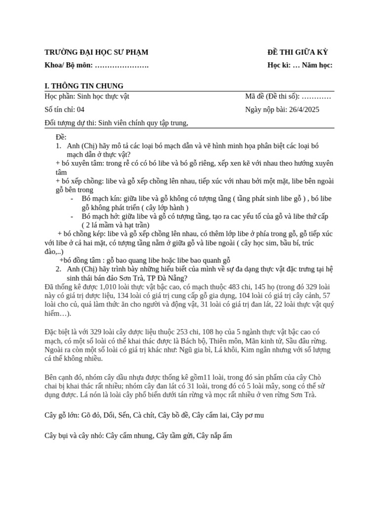 De Thi Giua Ky SInh Hoc Thuc Vat | PDF