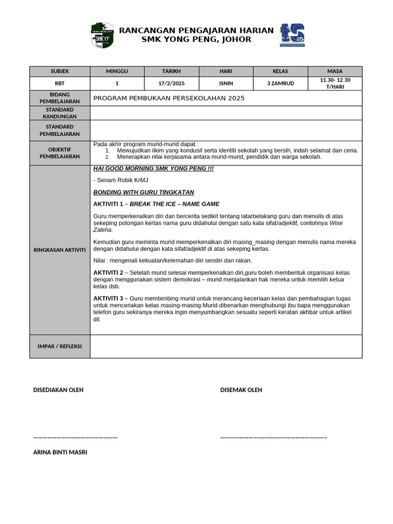 RPH Minggu Pertama Persekolahan | PDF