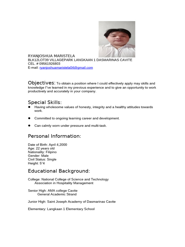 RYANJOSHUA MARISTELA Resume1 | PDF