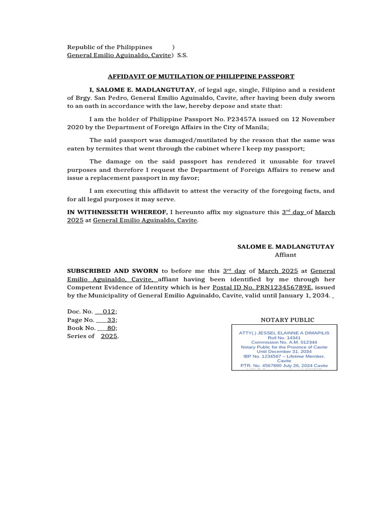 Affidavit of Passport Mutilation | PDF | Affidavit | Philippines