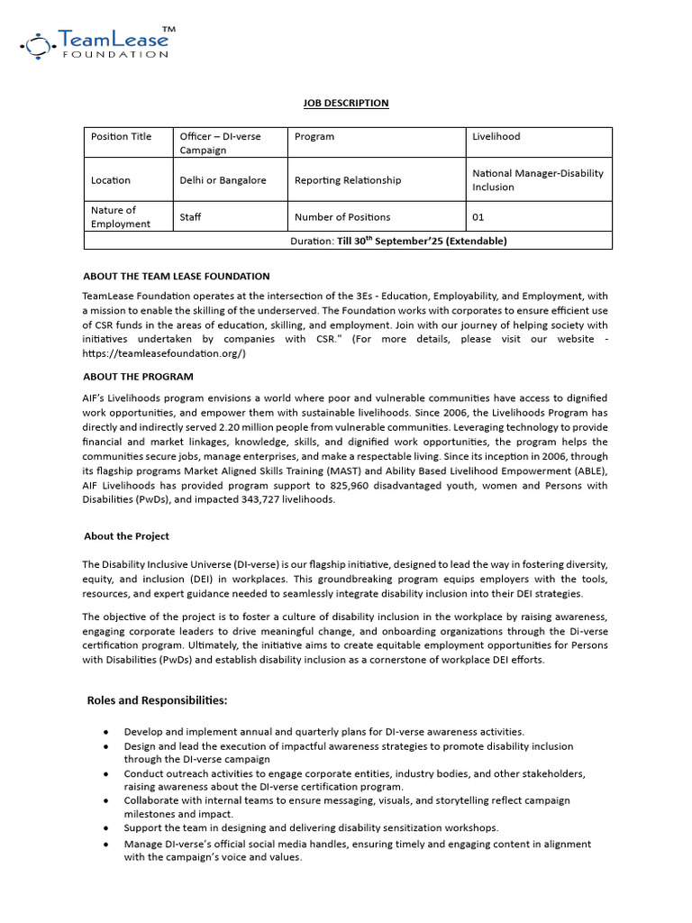 JD Officer DI Verse Campaign | PDF | Disability | Corporate Social ...