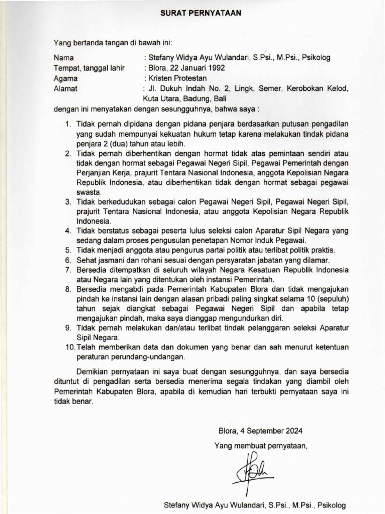 surat pernyataan stefany | PDF