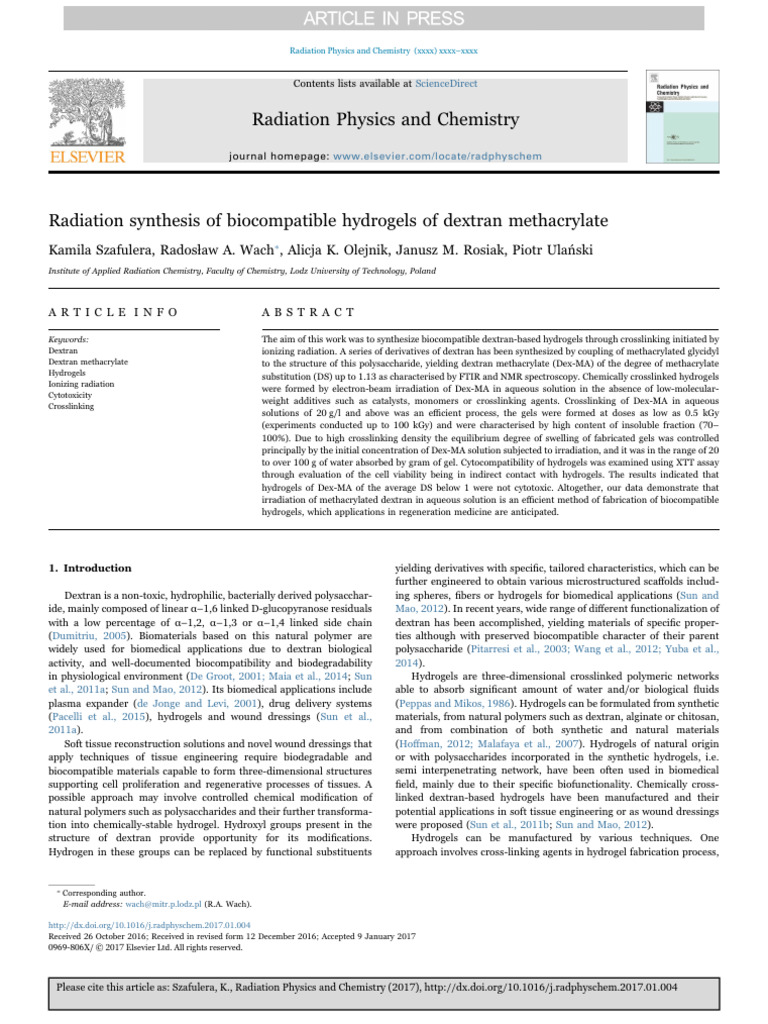 Radiation Physics and Chemistry: Kamila Szafulera, Rados Aw A. Wach ...