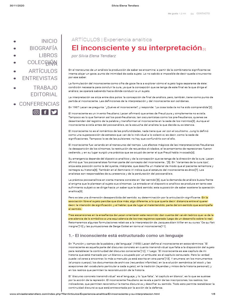 Silvia Elena Tendlarz - El Inconsciente y Su Interpretación | PDF | Jacques Lacan | Mente ...
