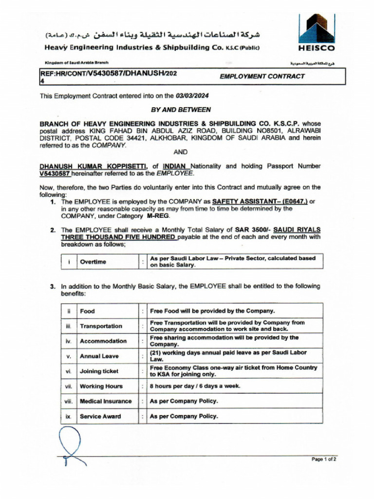 Employment Contract - Dhanush Kumar Koppisetti - Scan | PDF