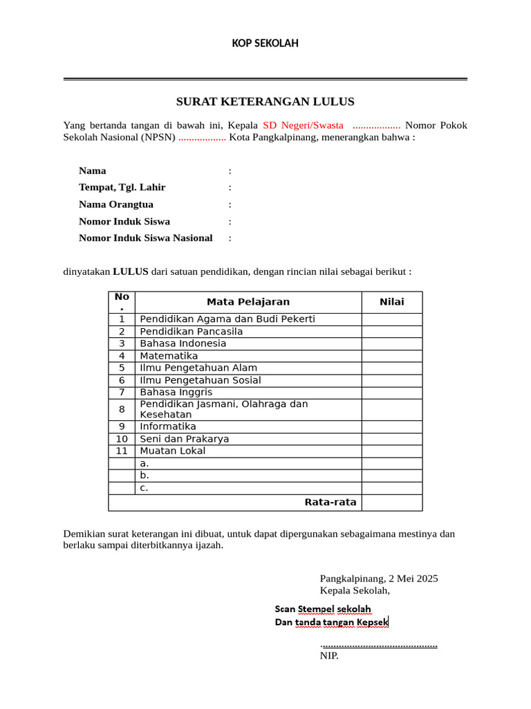 Format SKL 2025 - Kurikulum Merdeka | PDF