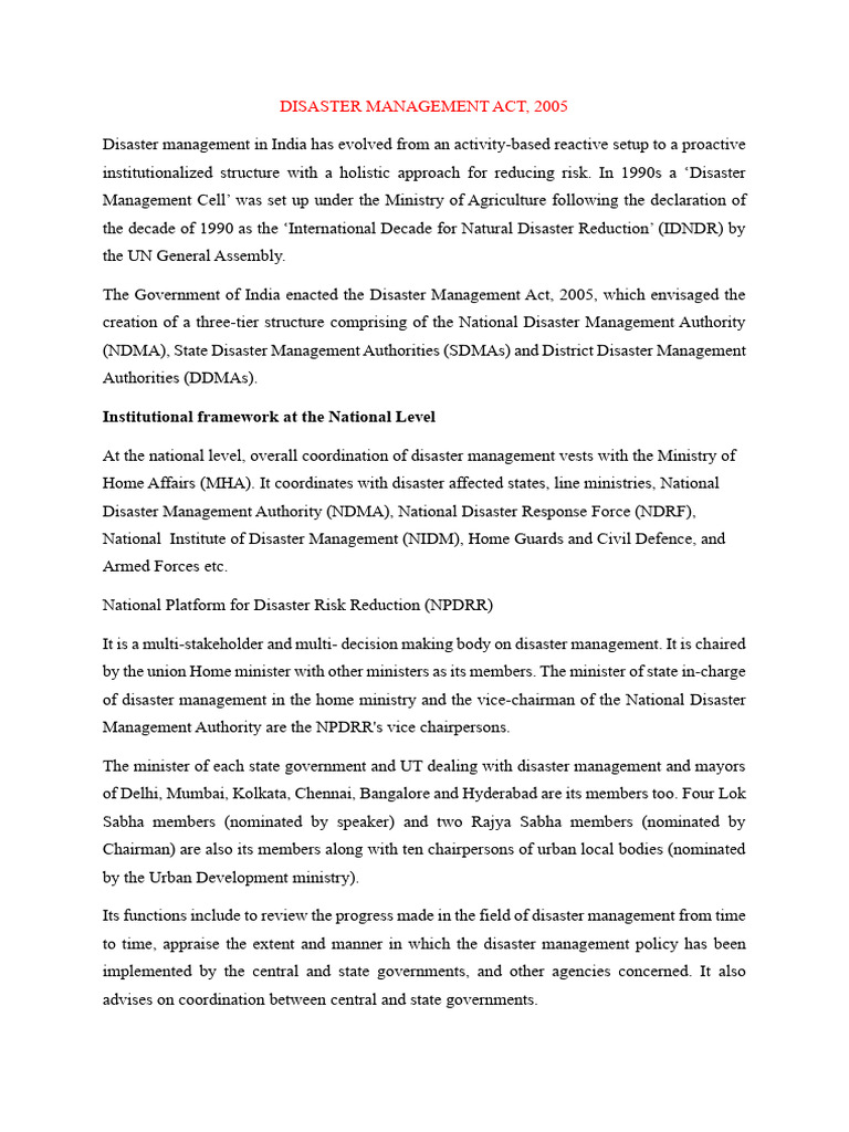 Disaster Management Act, 2005 Overview | PDF | Emergency Management ...