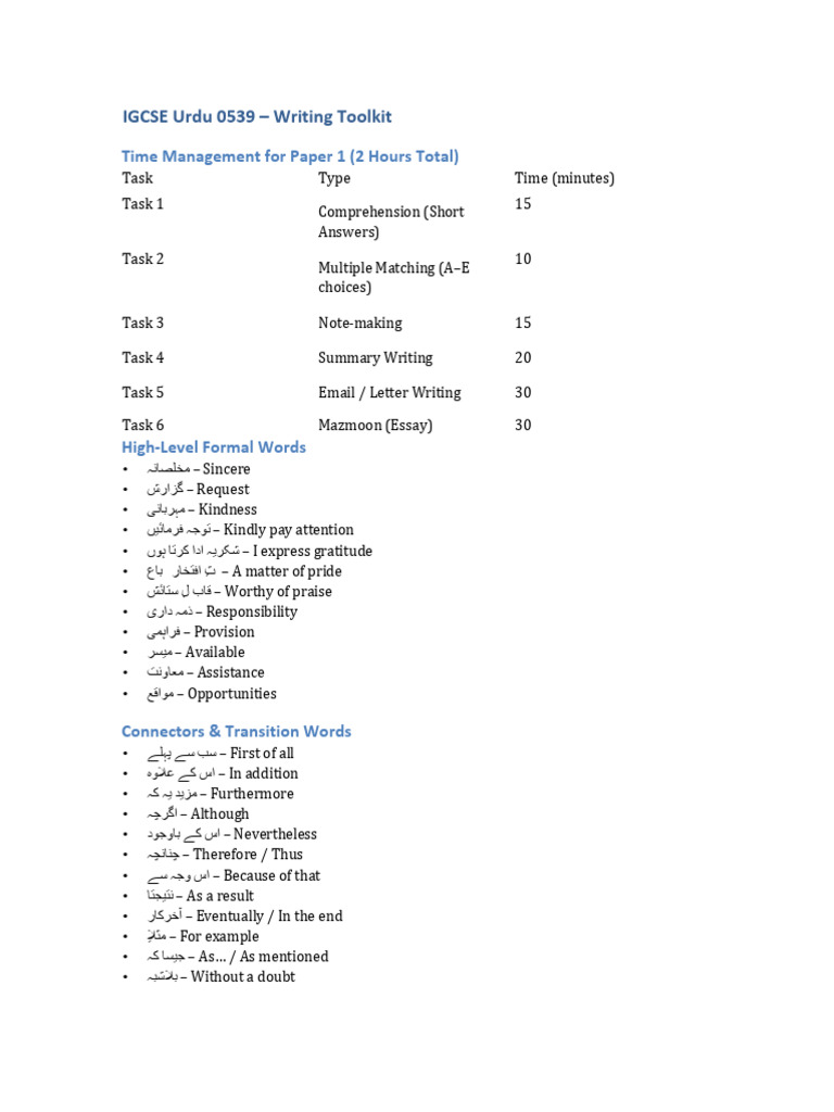 IGCSE - 0539 - Urdu - Writing - Toolkit | PDF