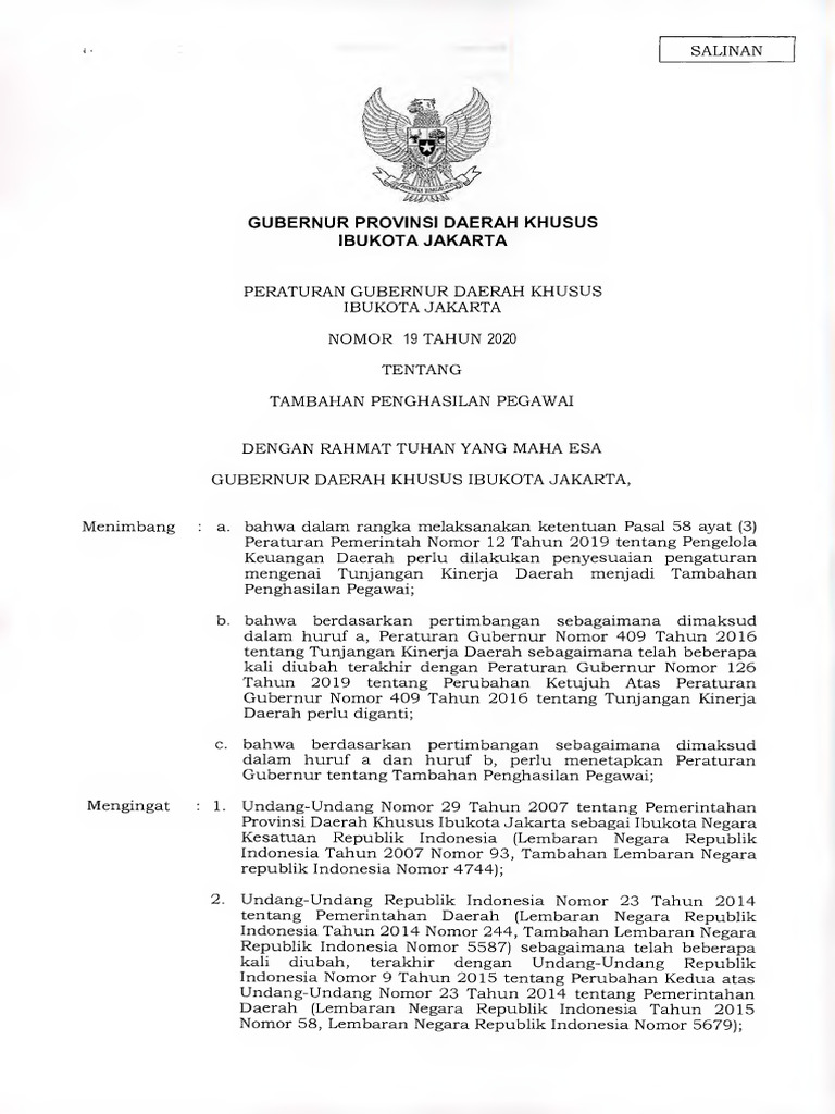 Pergub - DKI Jakarta - 19 - 2020 TPP Tambahan Penghasilan Pegawai | PDF