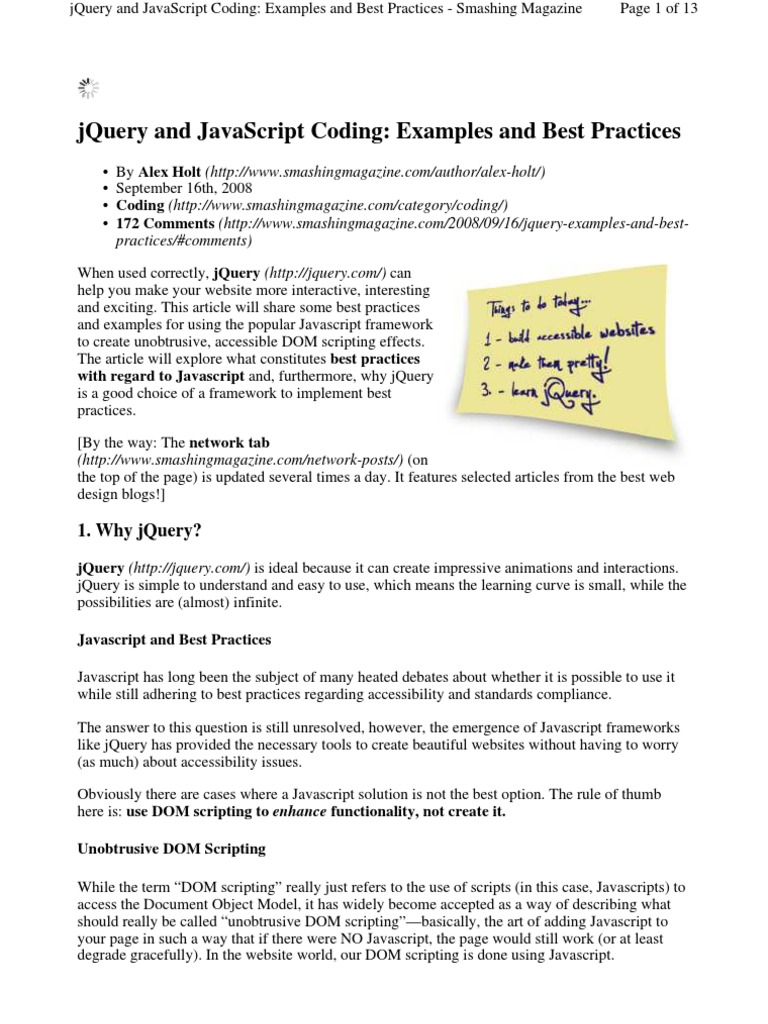 Jquery And Javascript Coding Examples And Best Practices Pdf Dynamic Html J Query