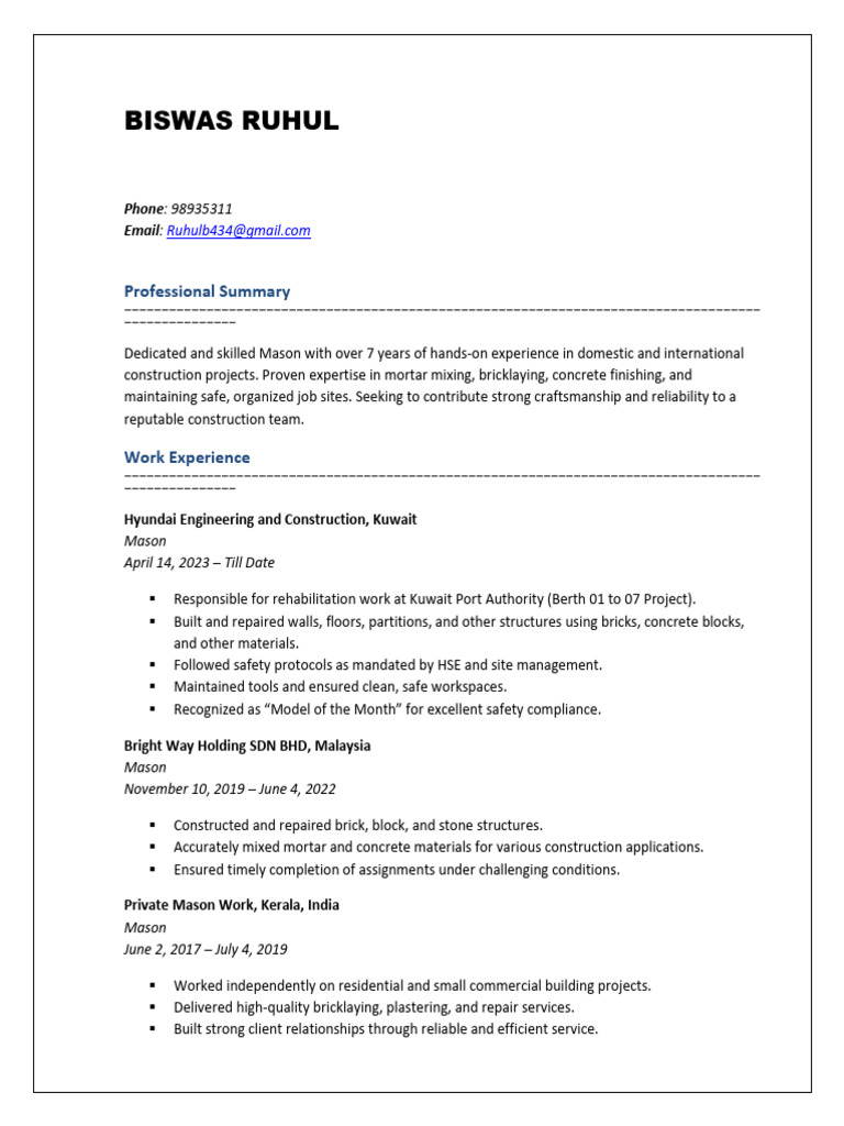 Biswas Ruhul: Professional Summary | PDF