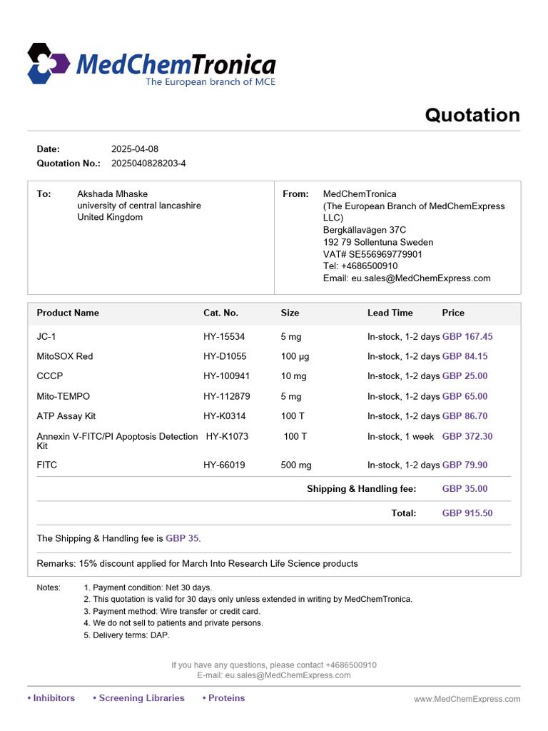 MCE Quotation-2025040828203-4 | PDF | Biochemistry | Chemistry