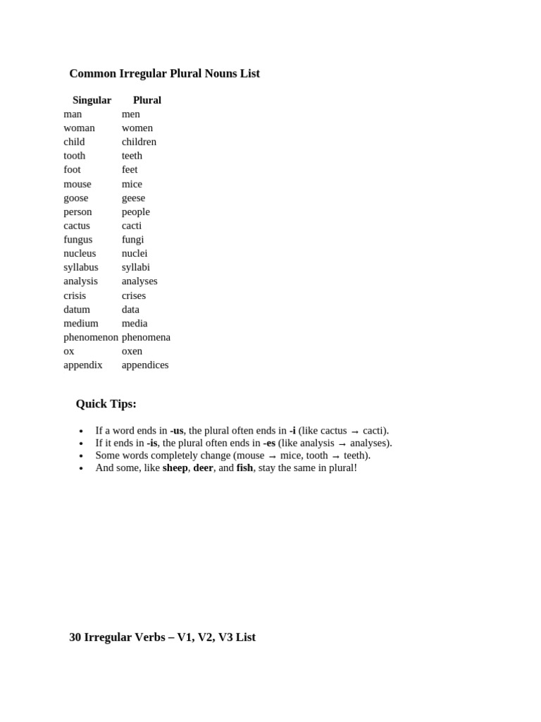 ? Common Irregular Plural Nouns List | PDF | Visual Cortex | Verb