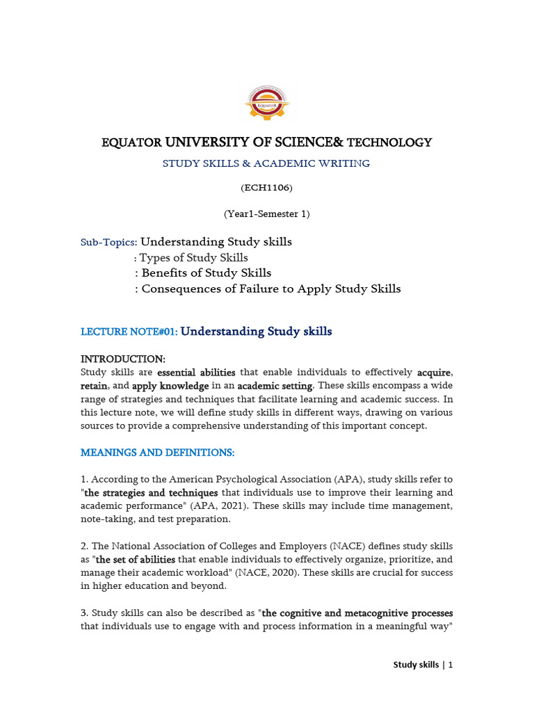 STUDY SKILLS NOTES#001-Understanding Study Skills | PDF | Study Skills ...