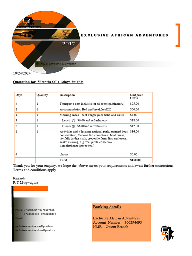 Vic Falls 2n 3days Coglan Transport Adjusted 150 | PDF