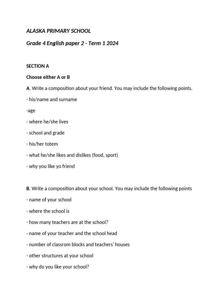 Grade 4 English Paper 2 - Term 1 2024 | PDF