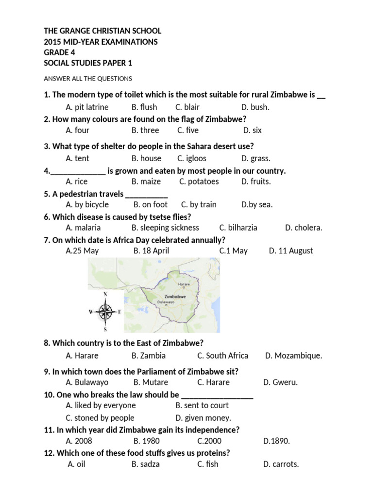 Grade 4 Social Studies Exam Paper | PDF | Zimbabwe | Southern Africa