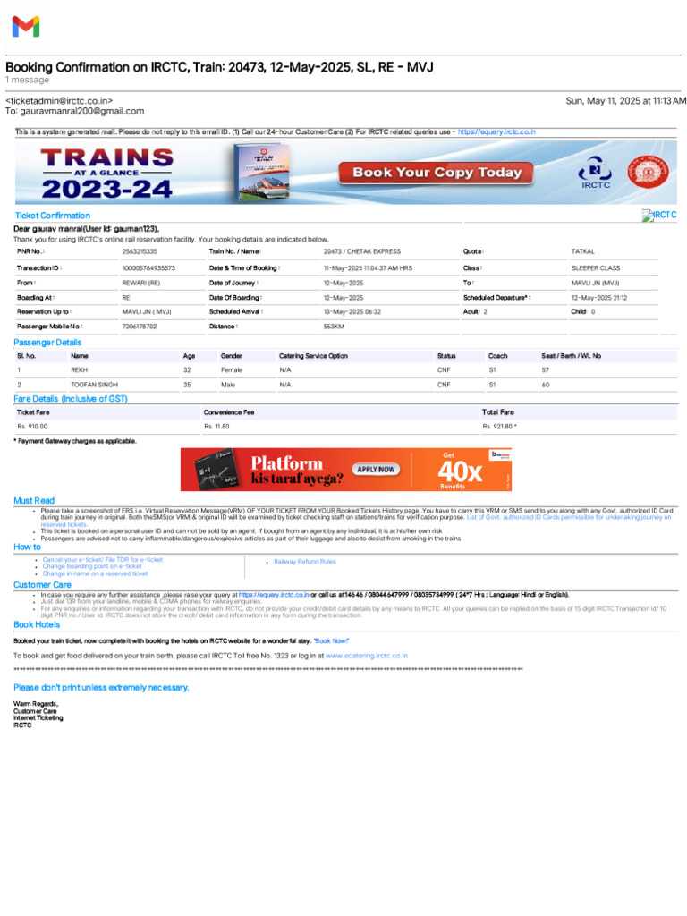 Gmail - Booking Confirmation on IRCTC, Train_ 20473, 12-May-2025, SL ...