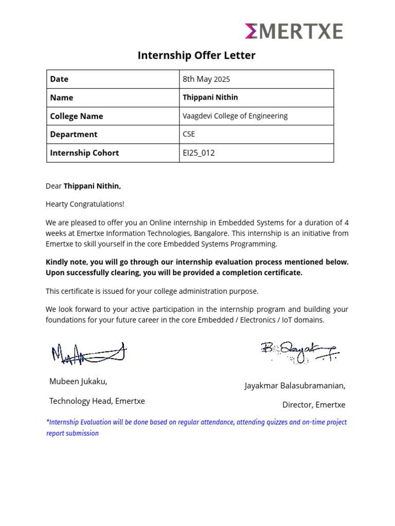 Emertxe Internship Offer Letter Thippani Nithin | PDF