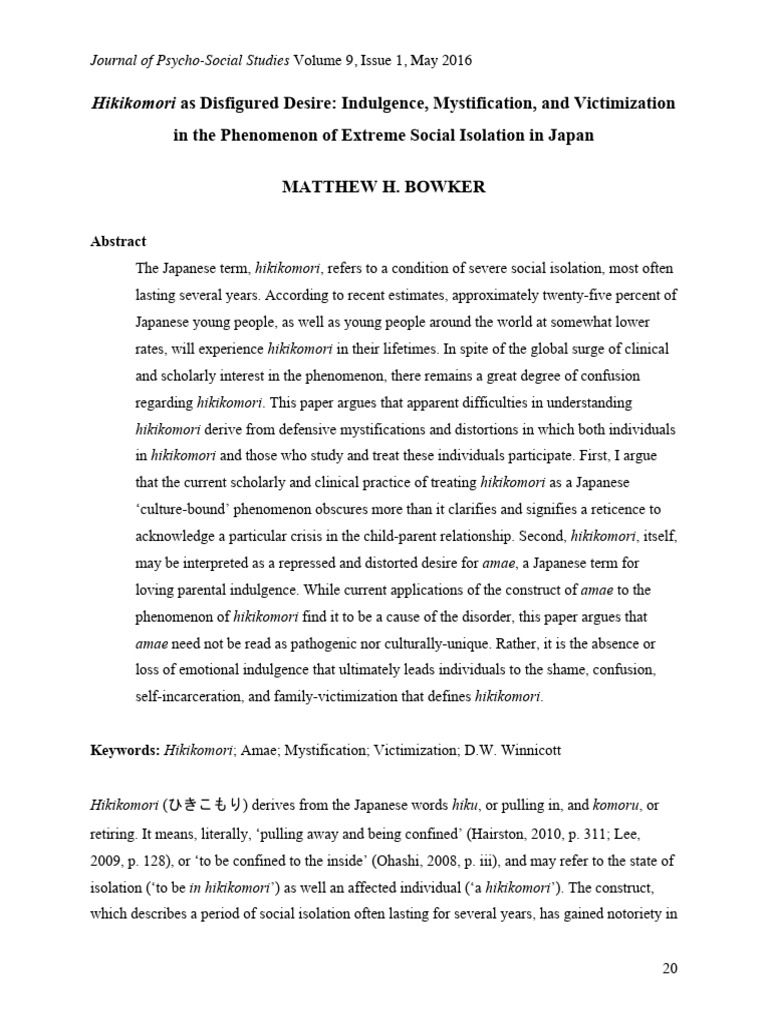 Matthew Bowker Hikikomori As Disfugured Desire | PDF | The Metamorphosis | Attachment Theory