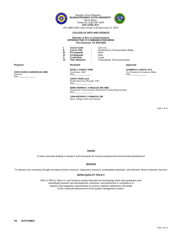 Introduction to Communication Media Syllabus | PDF | Communication ...