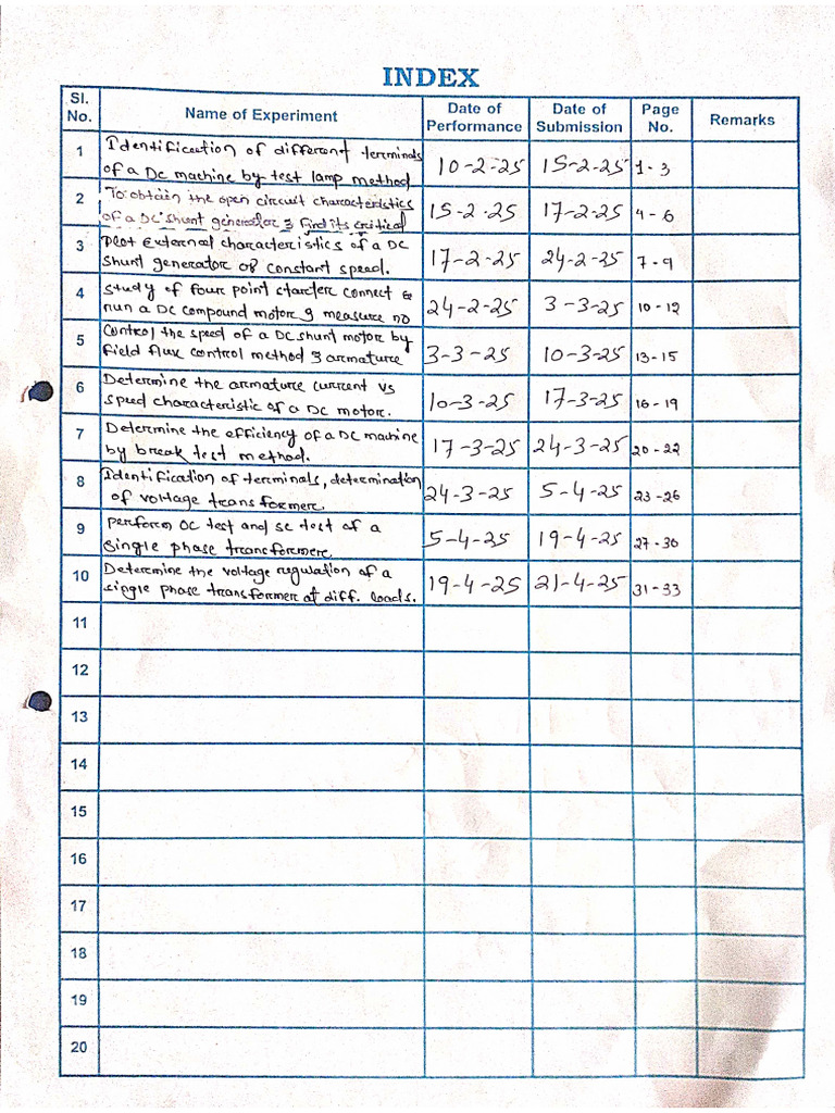 Index of Electrical Machine Lab-L | PDF