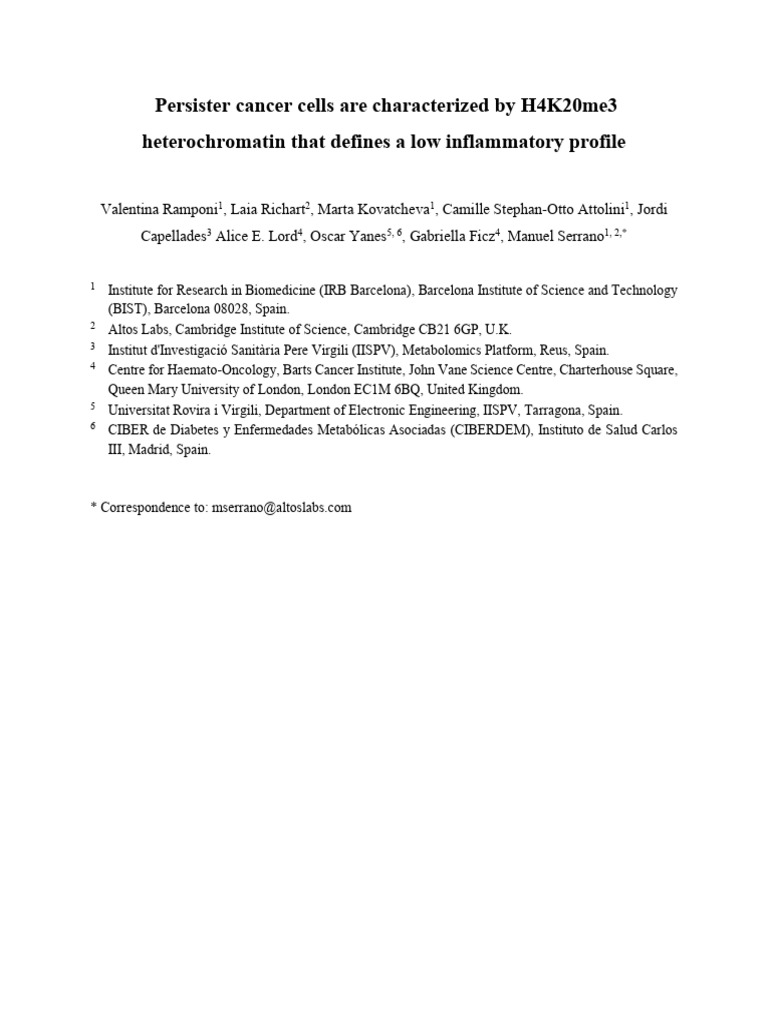 Persister Cancer Cells Are Characterized by H4K20me3 | PDF | Embryonic ...