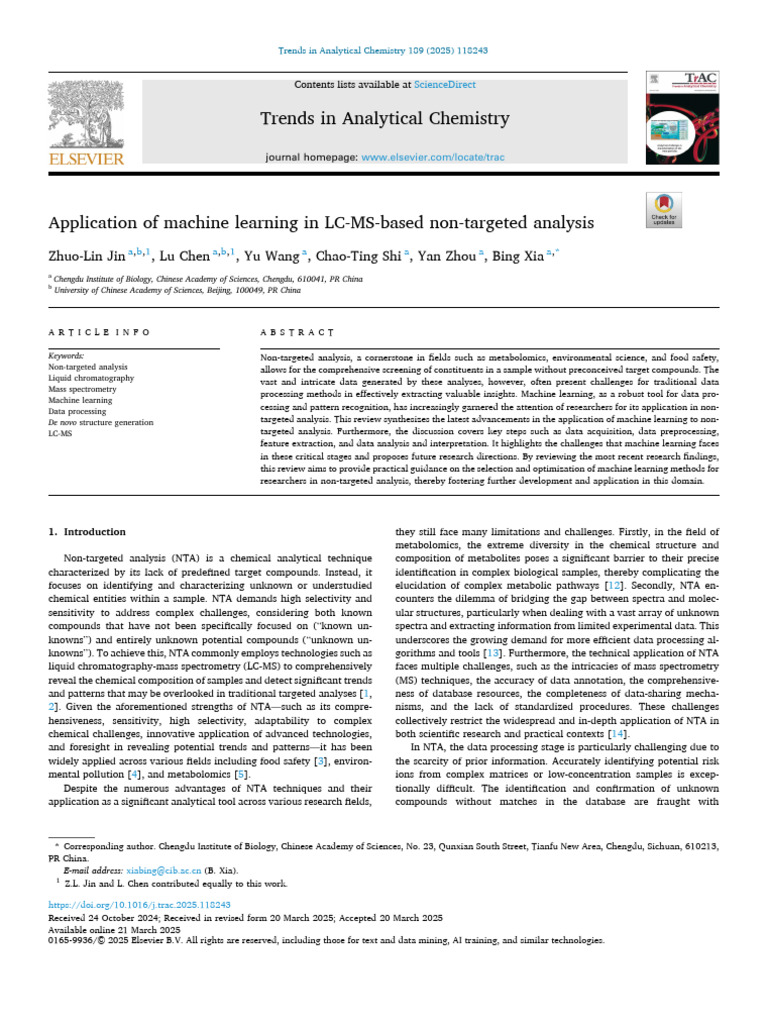 Application of Machine Learning in LC-MS-based Non-Targeted Analysis ...